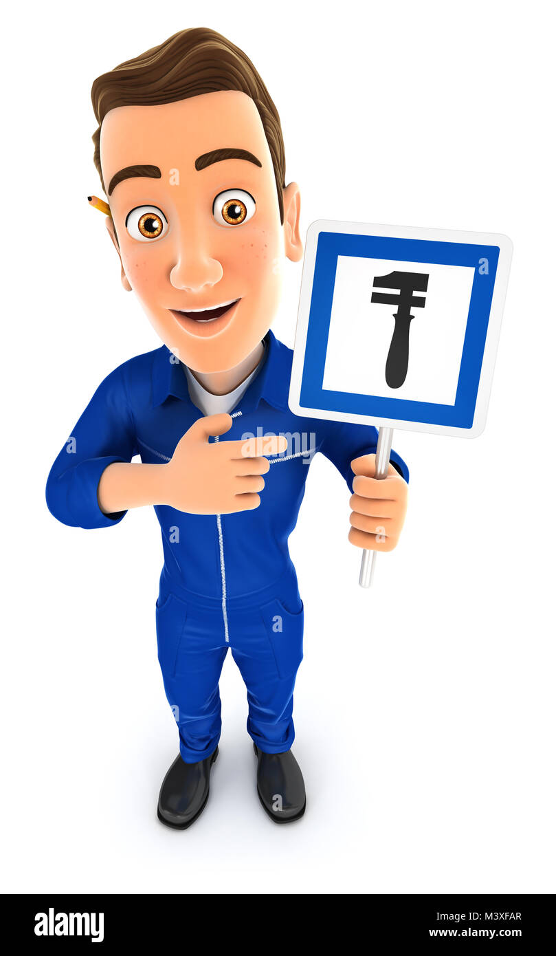 3d mechanic holding breakdown service road sign, illustration with ...