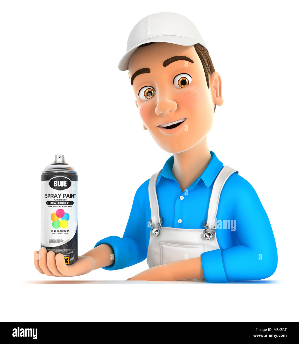 3d painter presenting spray paint bottle, illustration with isolated ...