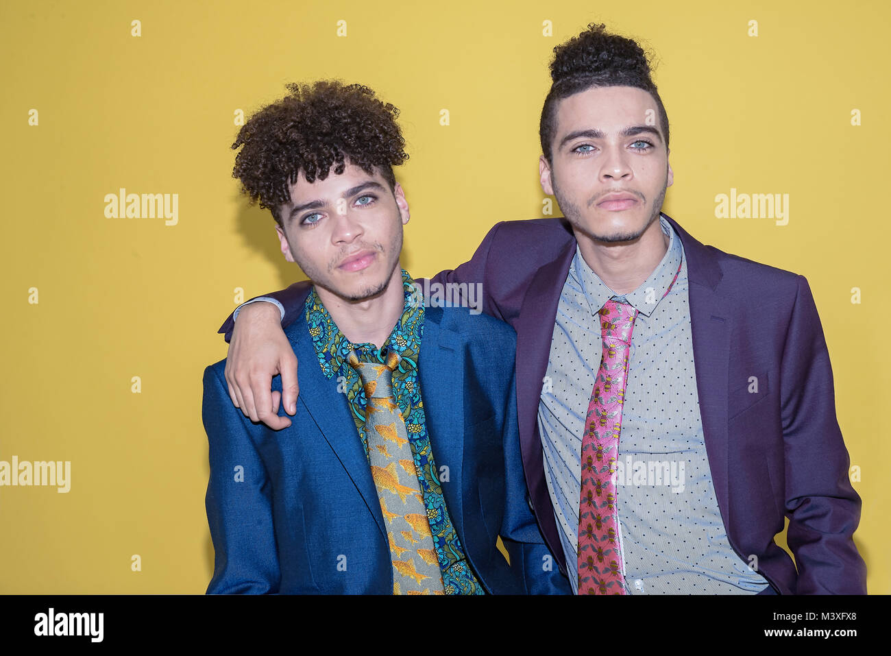 Two handsome mixed race boys (twins) with blue eyes and afro hair wear ...