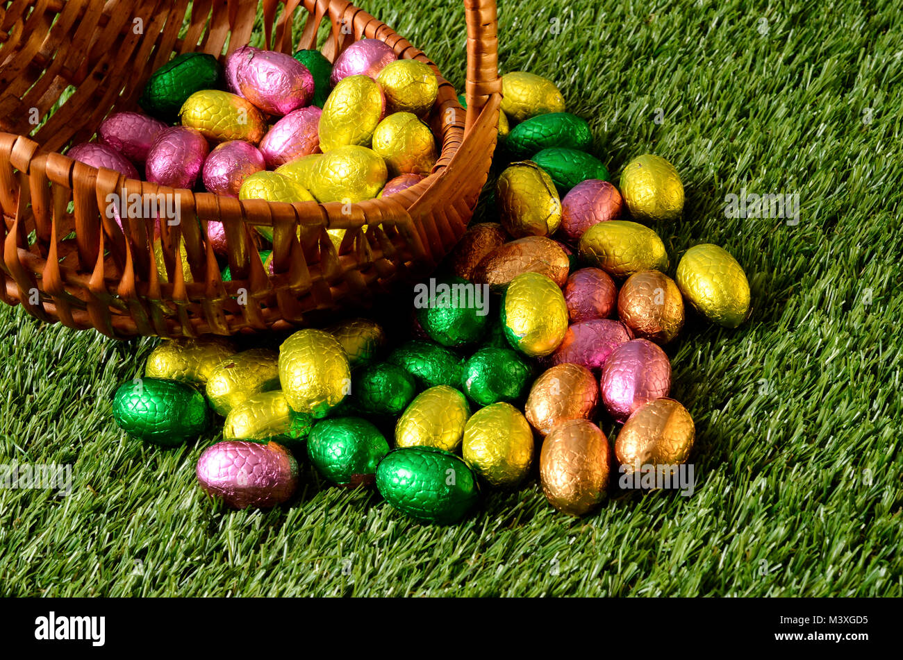 Easter chocolate eggs and basket on green grass Stock Photo - Alamy