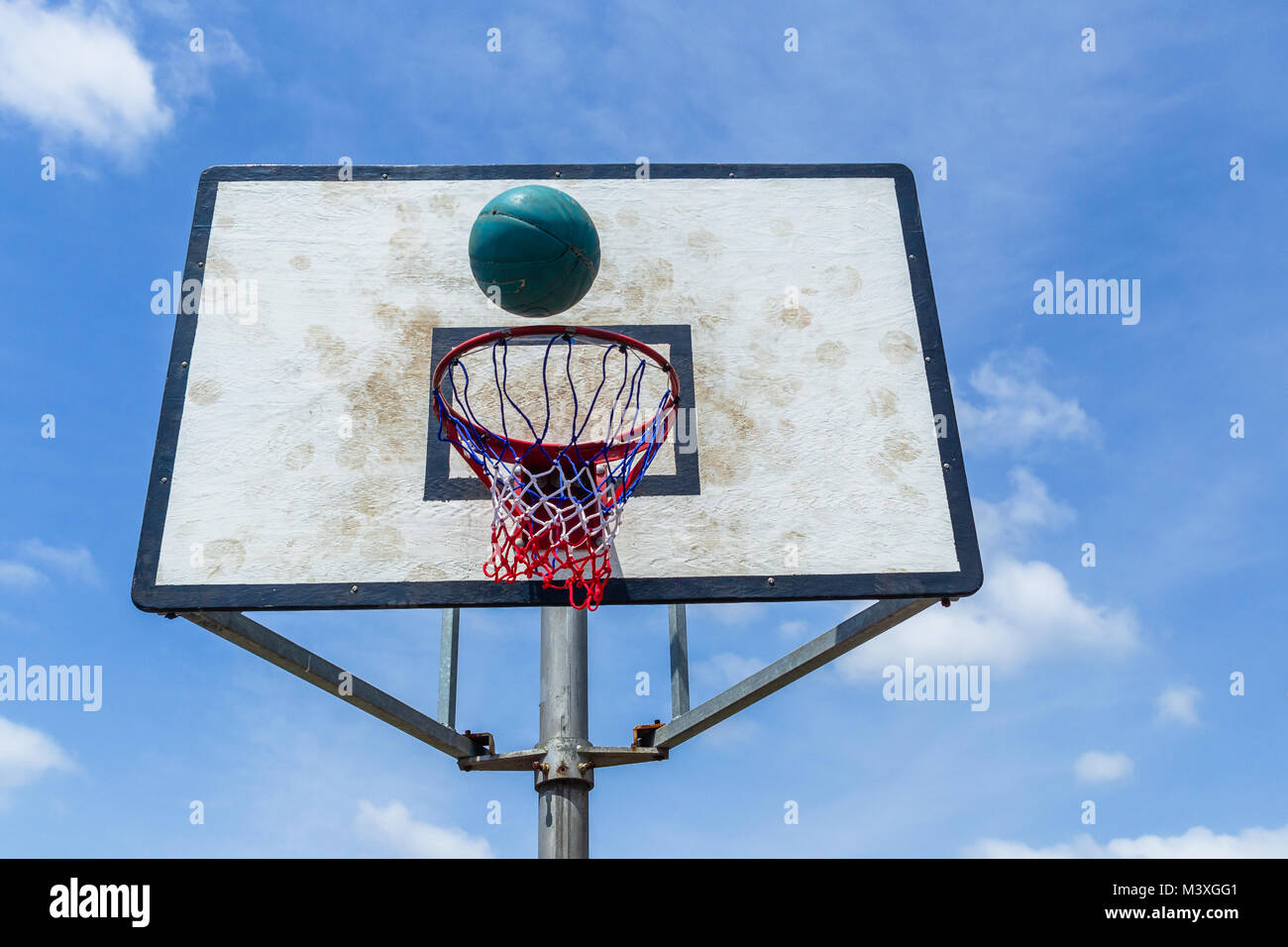 Basketball blue ball flight towards board and net against sky outdoor ...