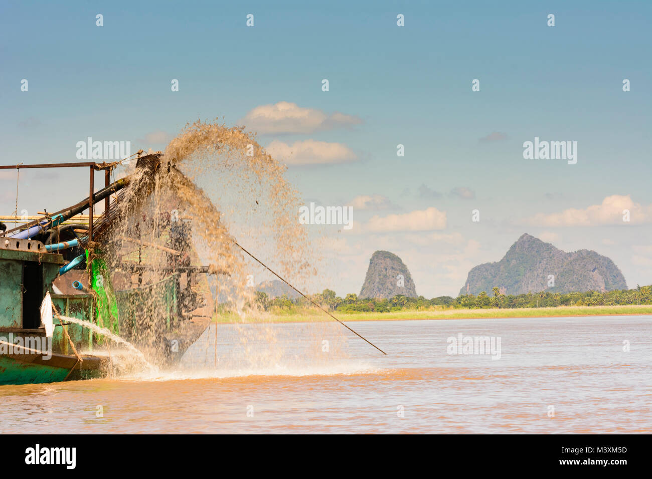 Hpa-An: River dredge boat operating on Thanlwin (Salween) River. These ...