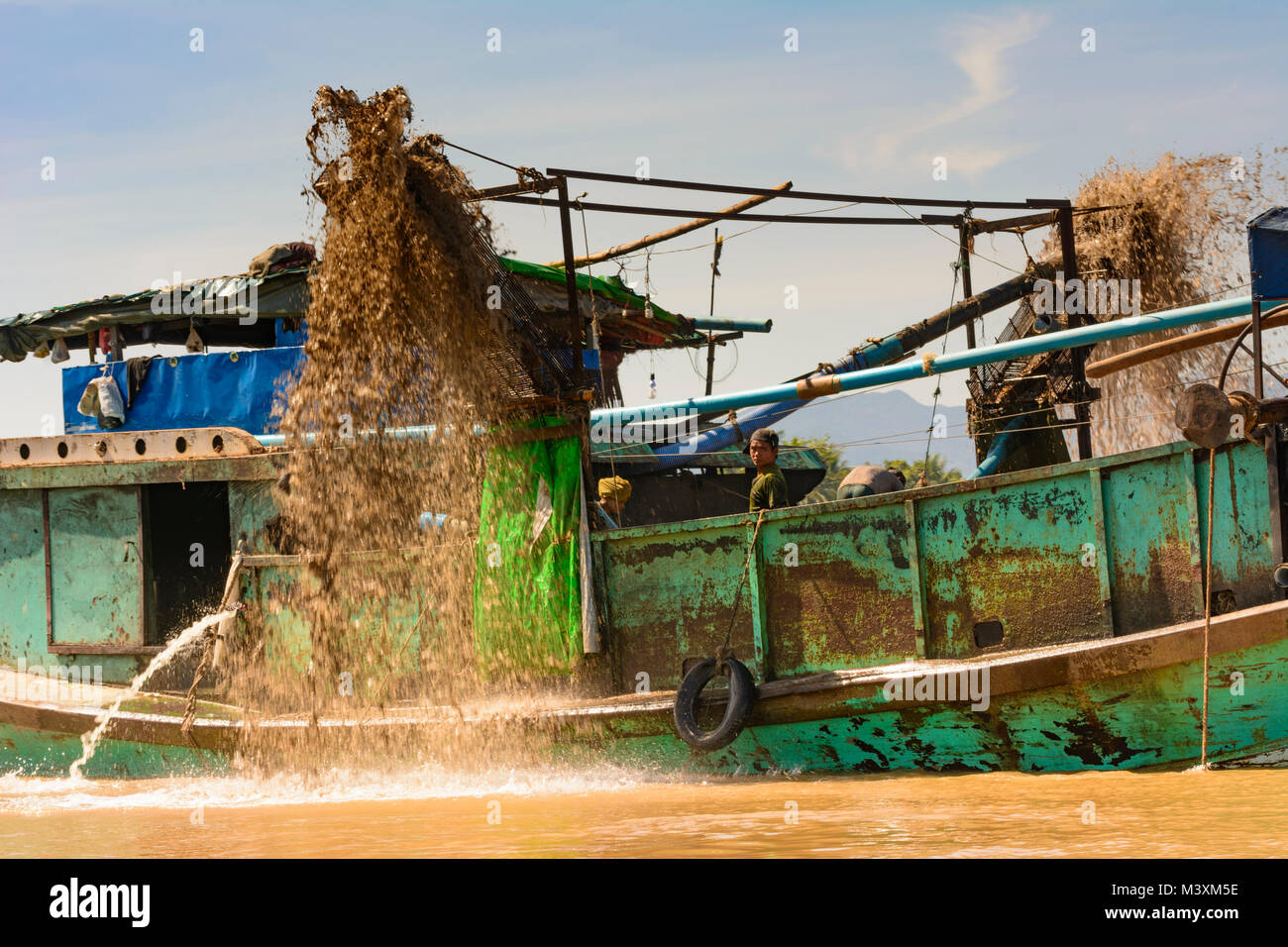 Hpa-An: River dredge boat operating on Thanlwin (Salween) River. These ...