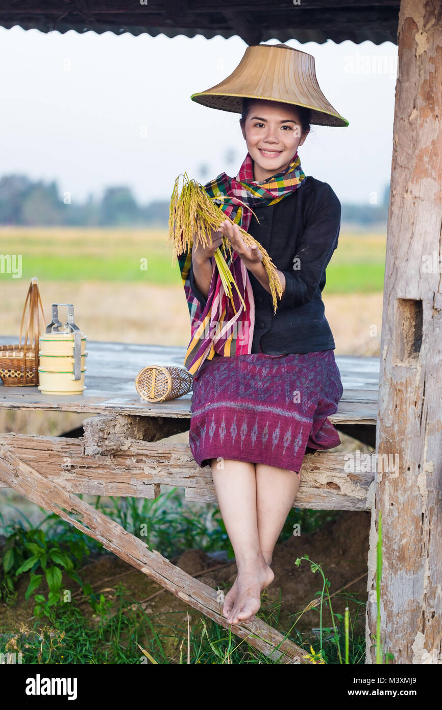 farmer woman holding rice and sitting in cottage at rice field ...