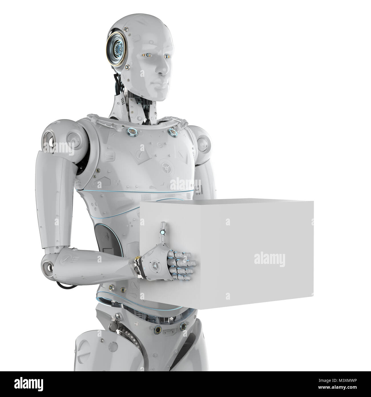 3d rendering humanoid robot holding white boxes isolated on white Stock ...