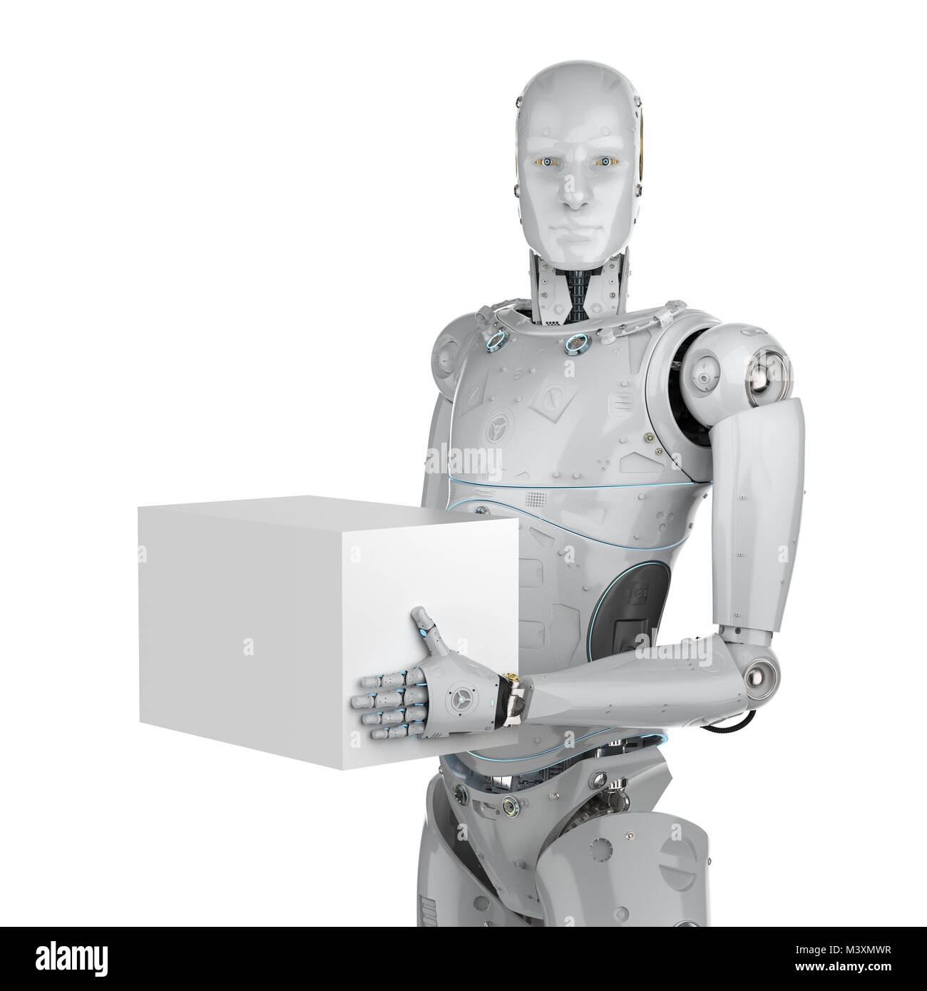 3d rendering humanoid robot holding white boxes isolated on white Stock ...