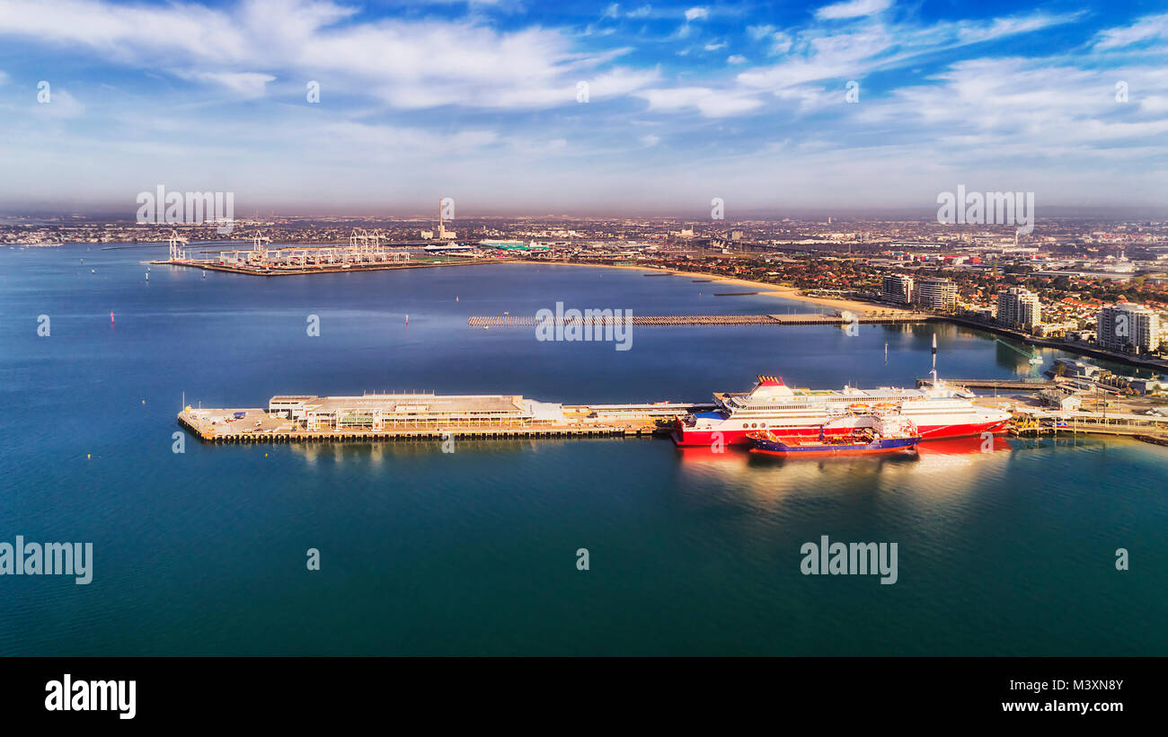 Melbourne's Port Phillip Bay with car moving ferry to Tasmania docked ...