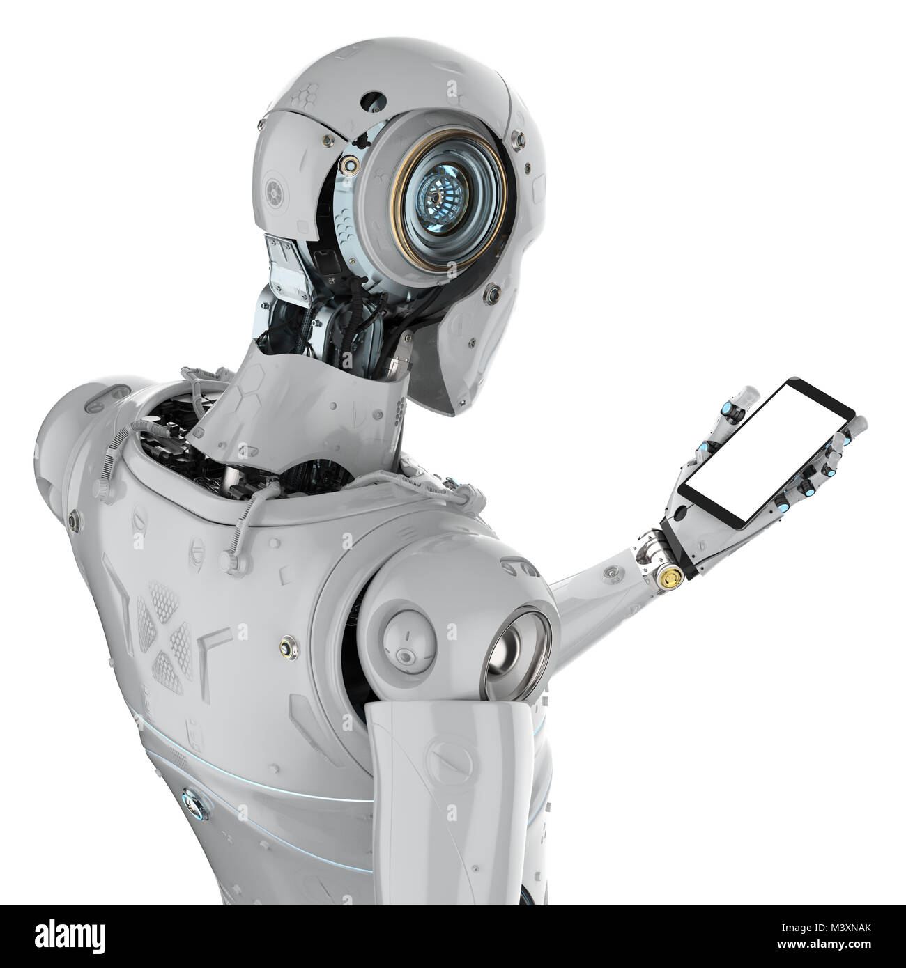 3d rendering robot holding blank screen mobile phone isolated on white ...