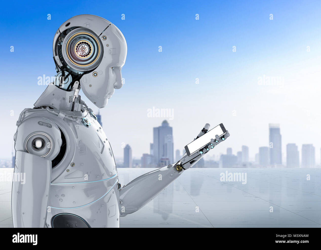 3d rendering robot holding blank screen mobile phone isolated on white ...