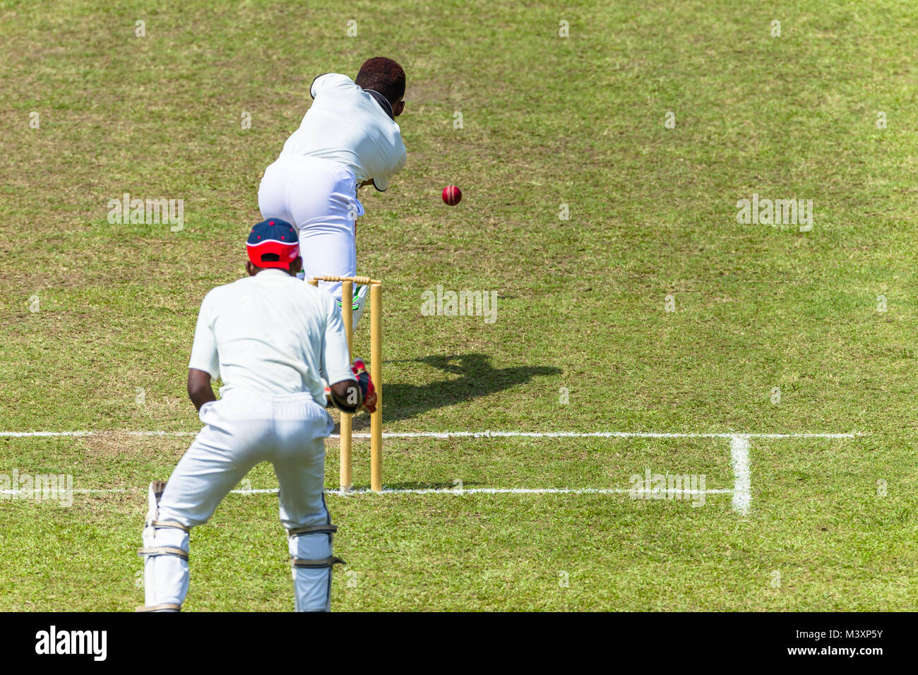 Cricket game action closeup unidentified abstract bowler batsman wicket ...