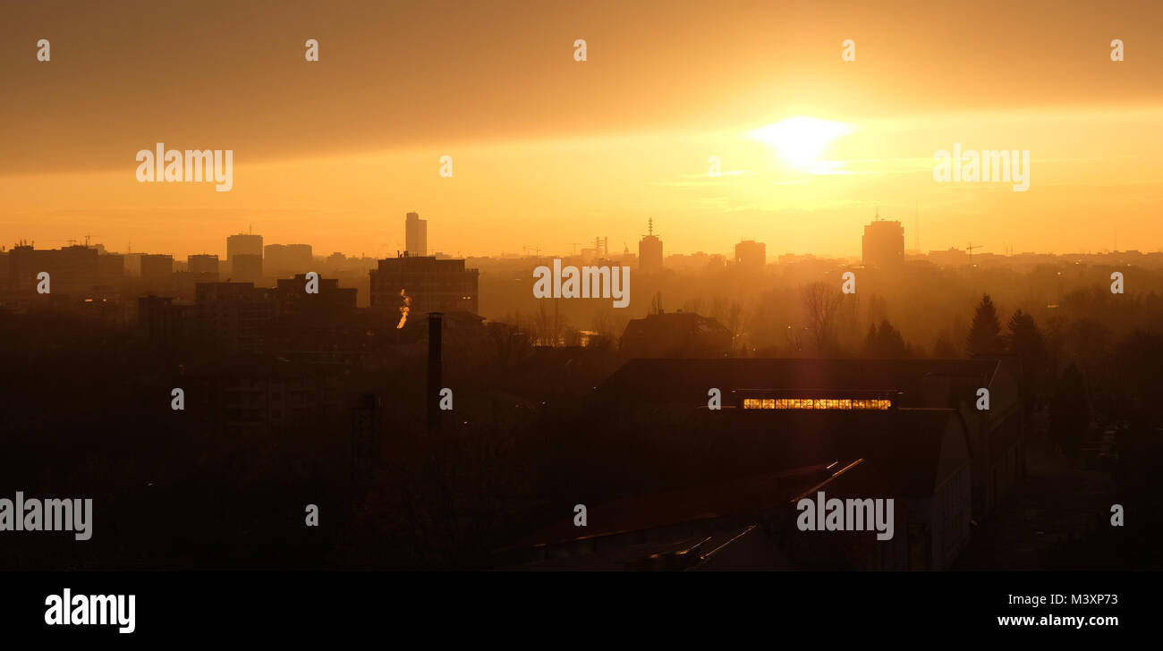 Panoramic Bucharest skyline seen from Pipera in warm sunset light Stock ...