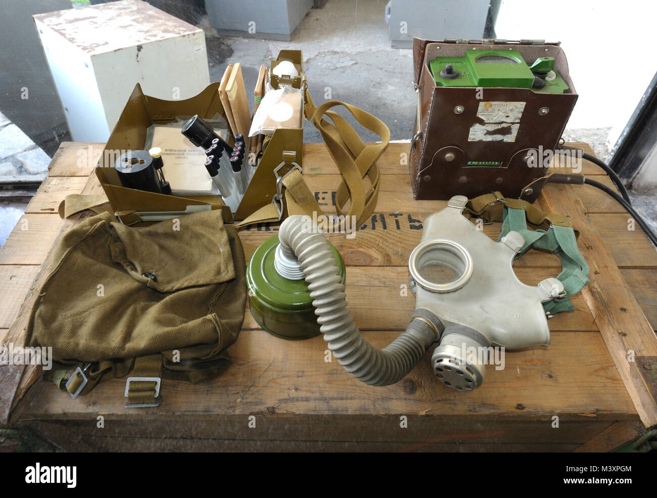 Made in Ukraine gas masks placed on a wooden crate Stock Photo - Alamy