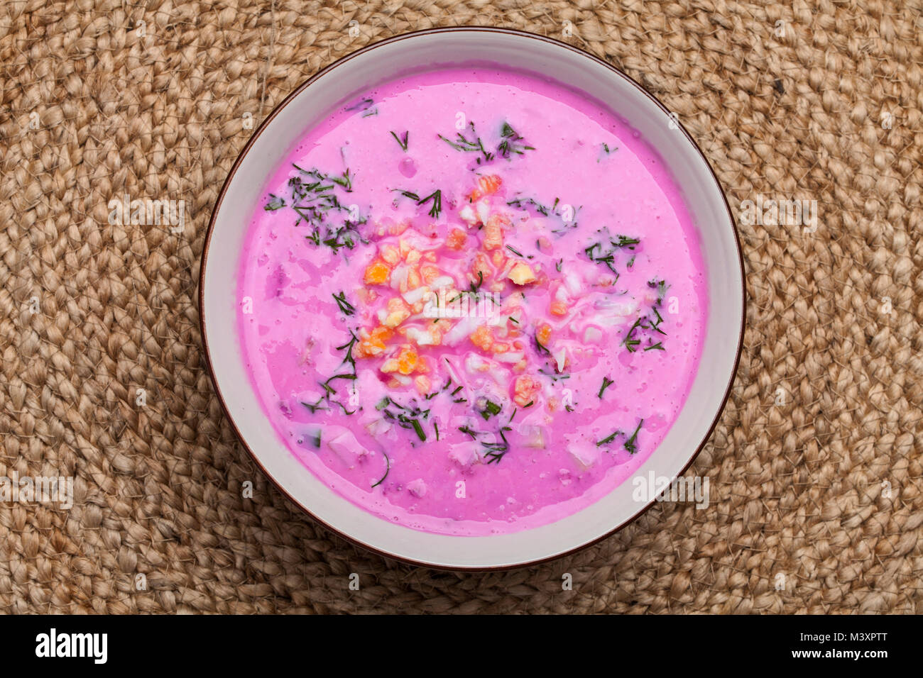Traditional lithuanian cold beet pink soup, prepared of cucumber ...