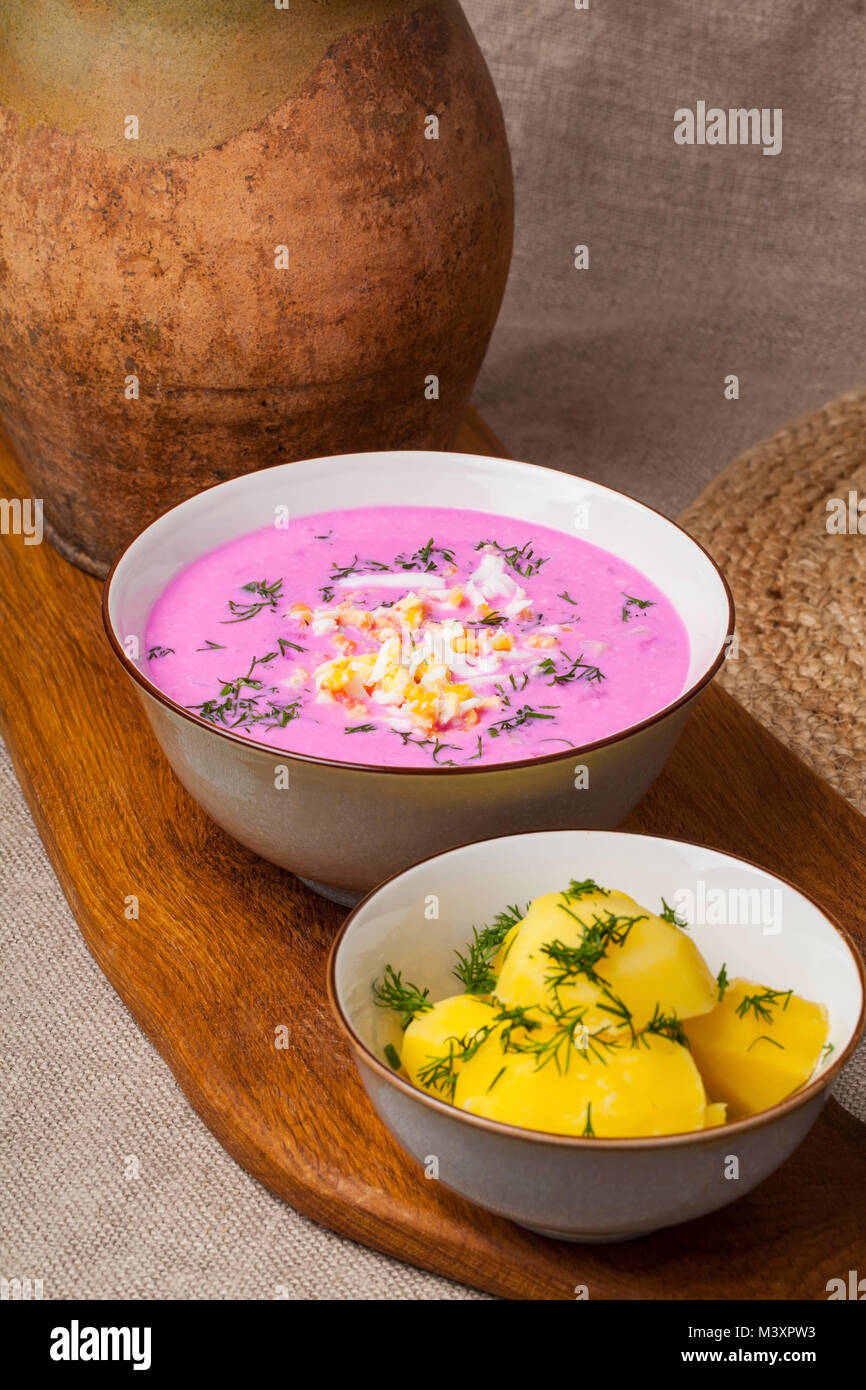 Traditional lithuanian cold beet pink soup, prepared of cucumber ...