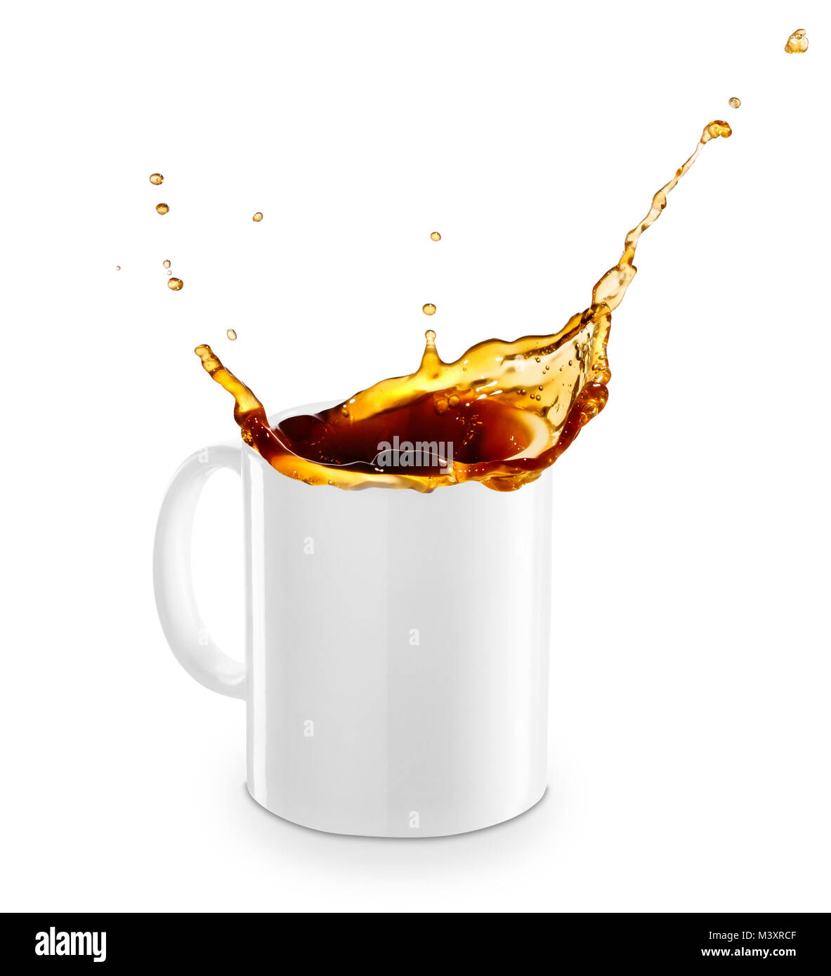 mug of spilling coffee or tea isolated on white background. Coffee ...