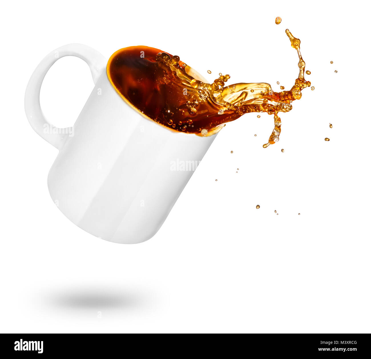 mug of spilling coffee or tea isolated on white background. Coffee ...