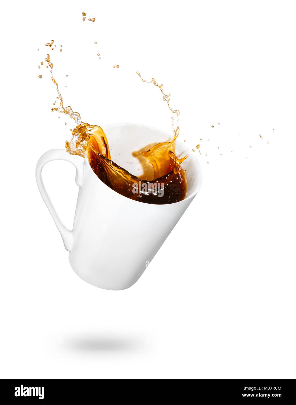 mug of spilling coffee or tea isolated on white background. Coffee ...