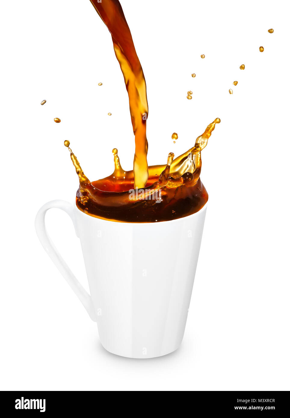 coffee or tea pouring into mug creating splashes isolated on white ...