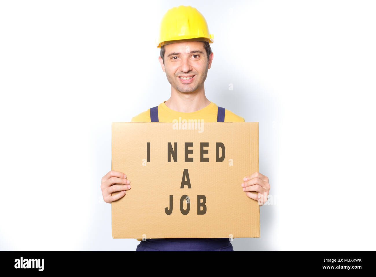 Happy worker looking for a job isolated on white background Stock Photo ...