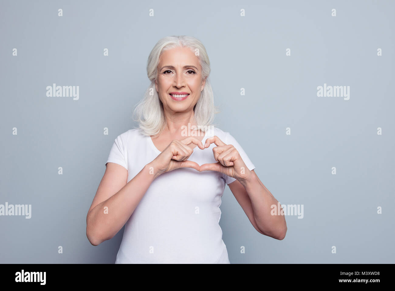 Perfect, nice, aged, old, pretty woman, lover in t-shirt making ...