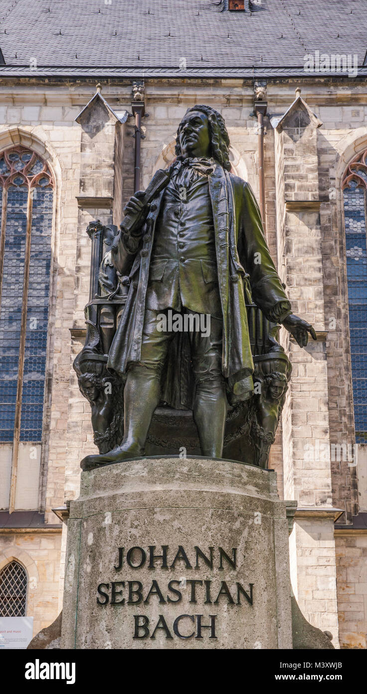 Statue of Johann Sebastian Bach, Thomaskirche behind, Leipzig, Saxony ...