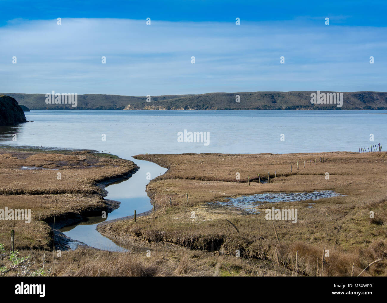 Panoramic landscape of an estuary viewed from the Estero Trail, Point ...