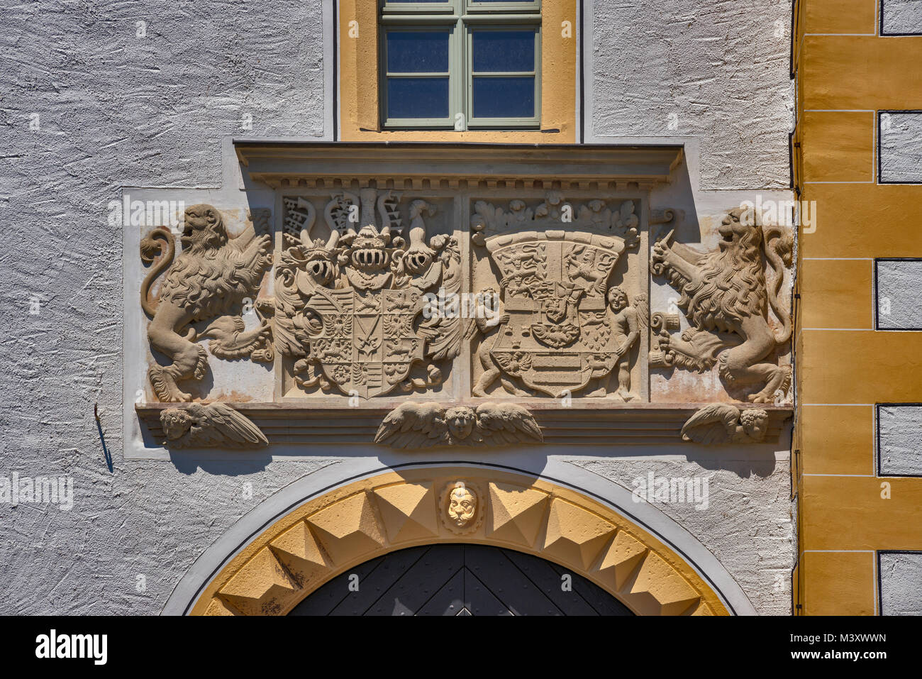 Coats of arms over the gate to Schloss Colditz, Renaissance castle ...
