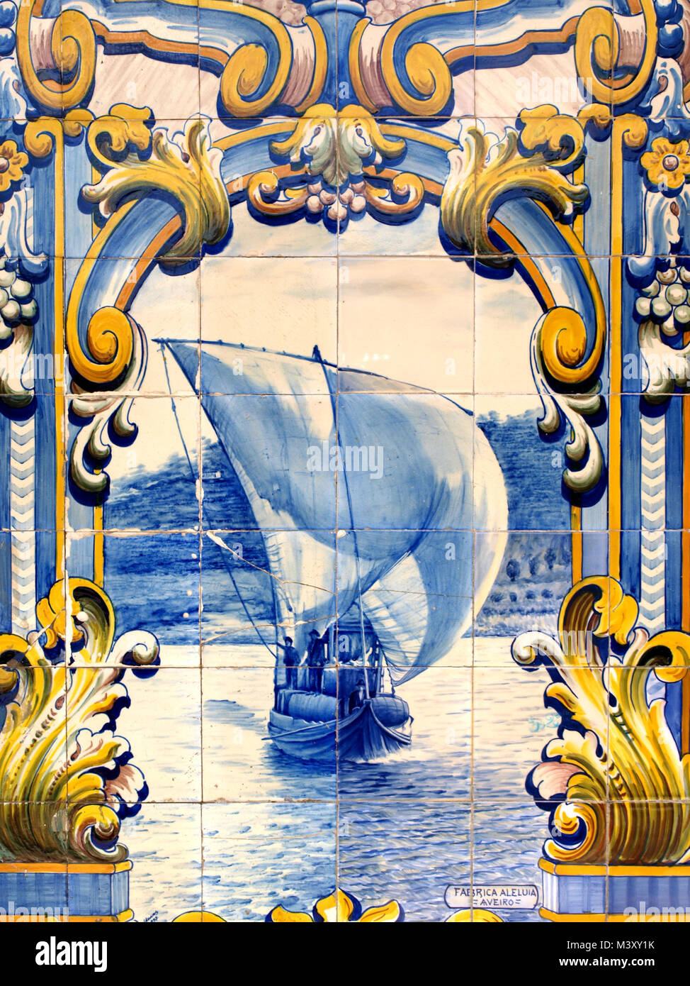 Pinhão train station tiles depicting a rabelo boat in the Douro river ...