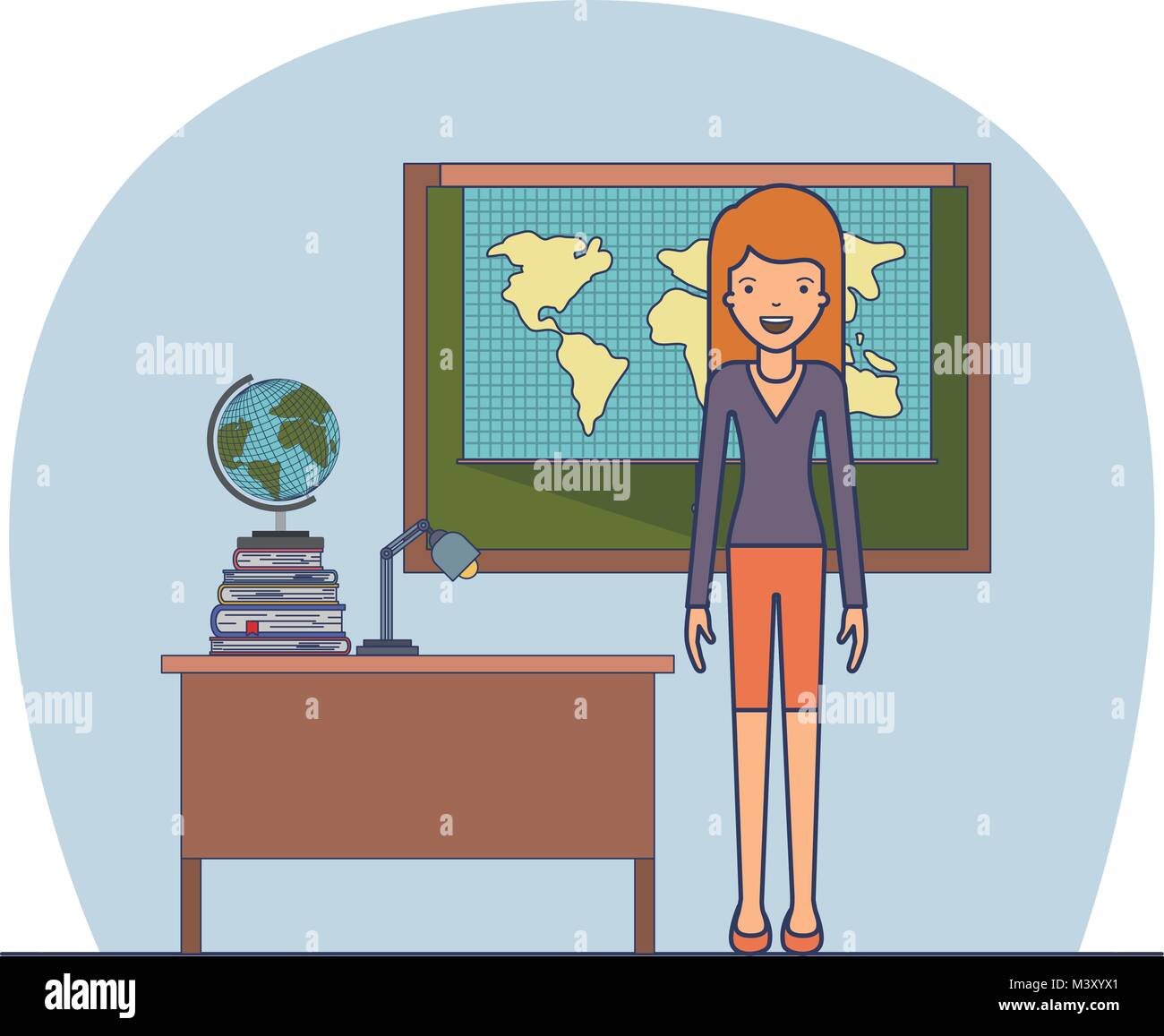 female teacher in geography class with pile books Stock Vector Image ...