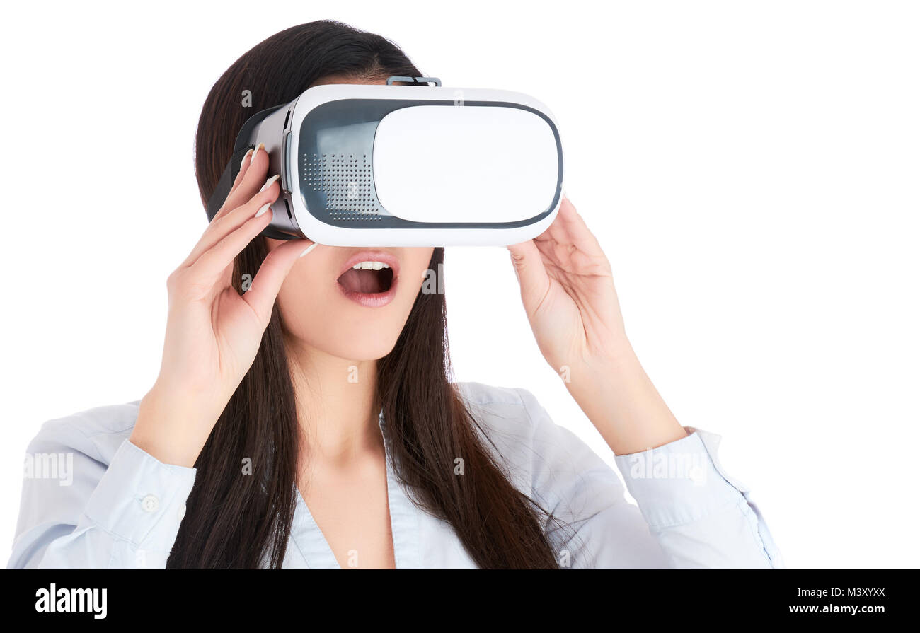 Young woman is using VR headset isolated on white background Stock ...