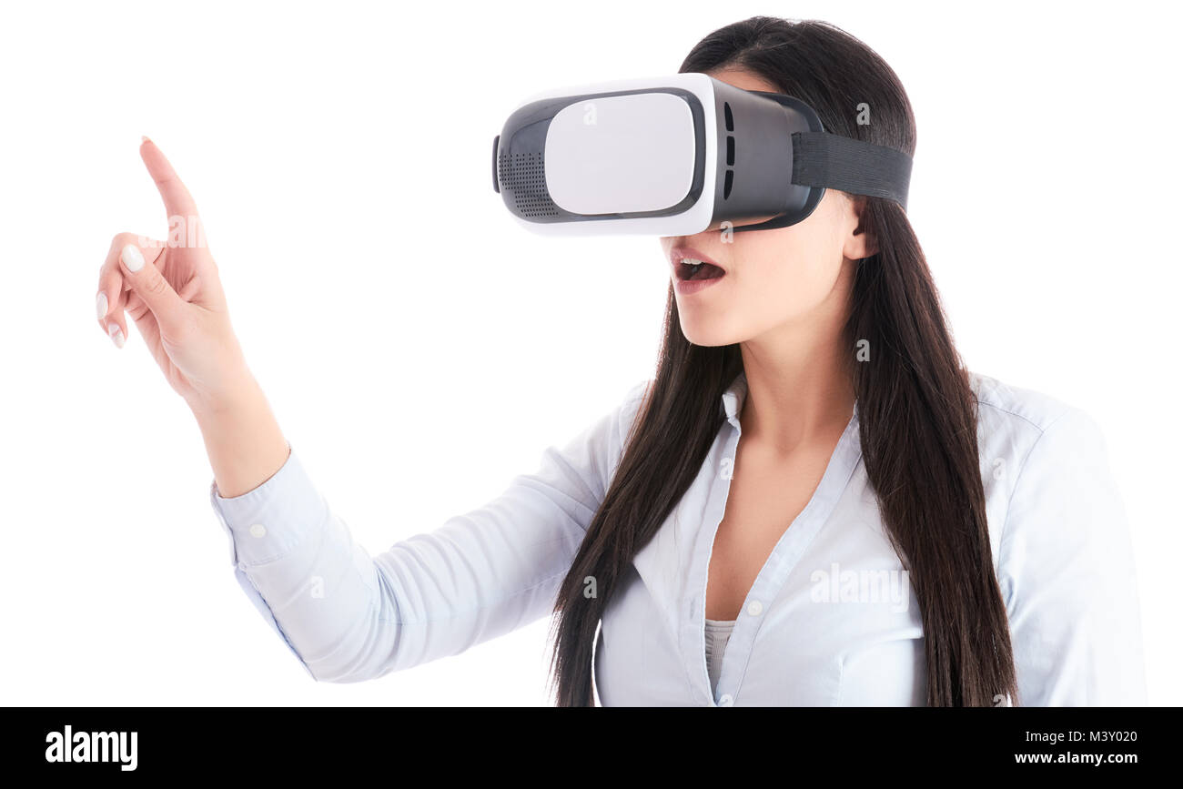 Young woman is using VR headset isolated on white background Stock ...