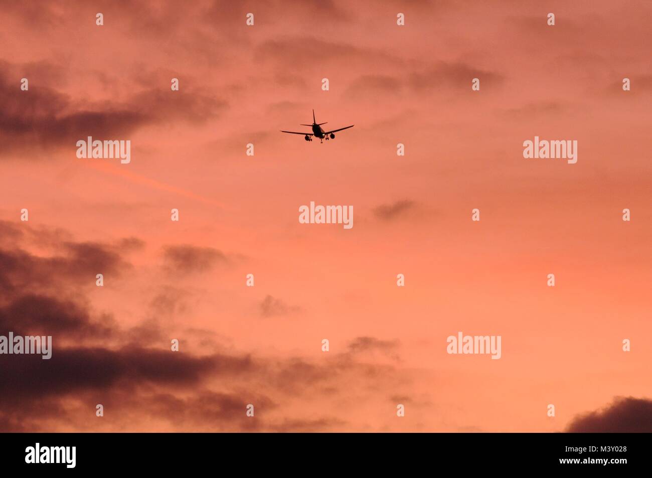 Airplane taking off at sunset Stock Photo - Alamy