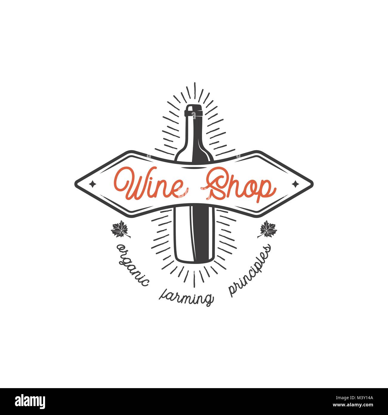 Wine shop logo template concept. Wine bottle, leaf, sunbursts and ...