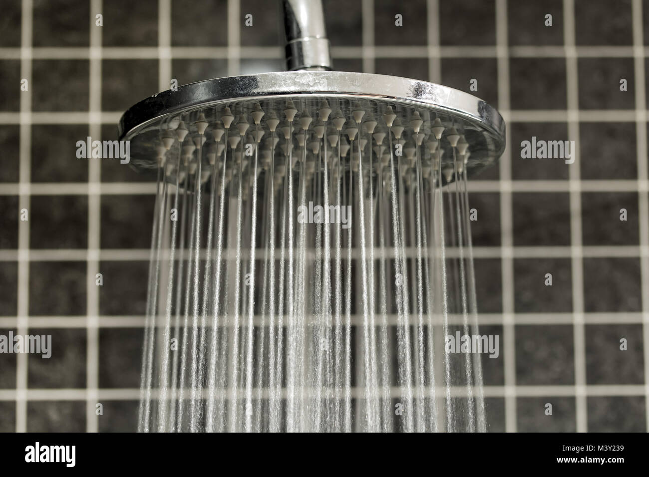 Water flows from the shower, close-up. The stream of water flows from ...