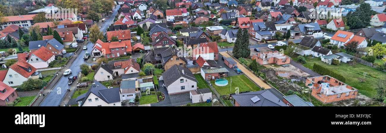 Aerial view of a suburb in Germany with detached houses, streets and ...
