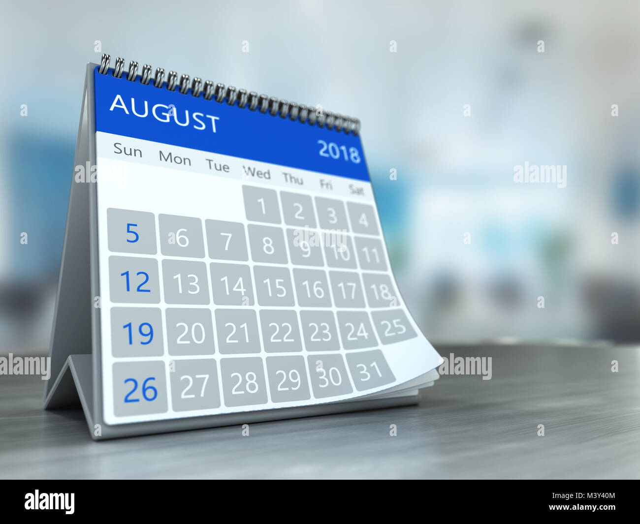 3d illustration of calendar over office background, august 2018 page ...