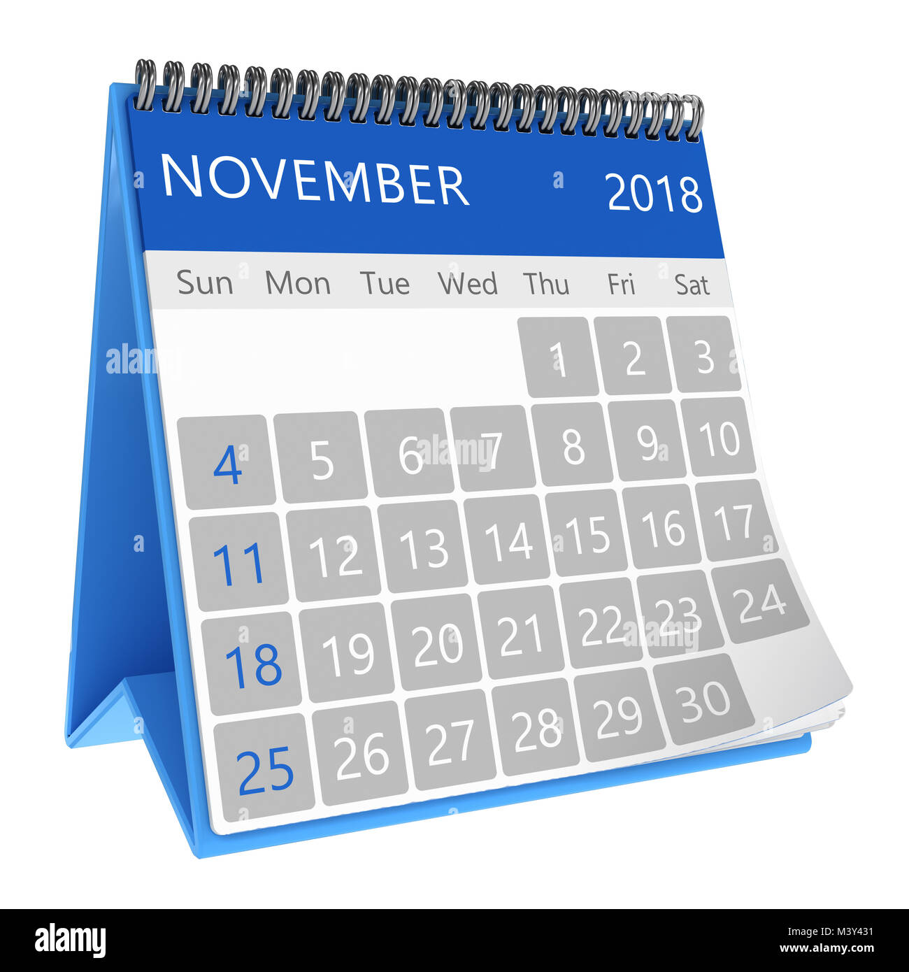 3d illustration of square desktop calendar isolated, november 2018 page ...