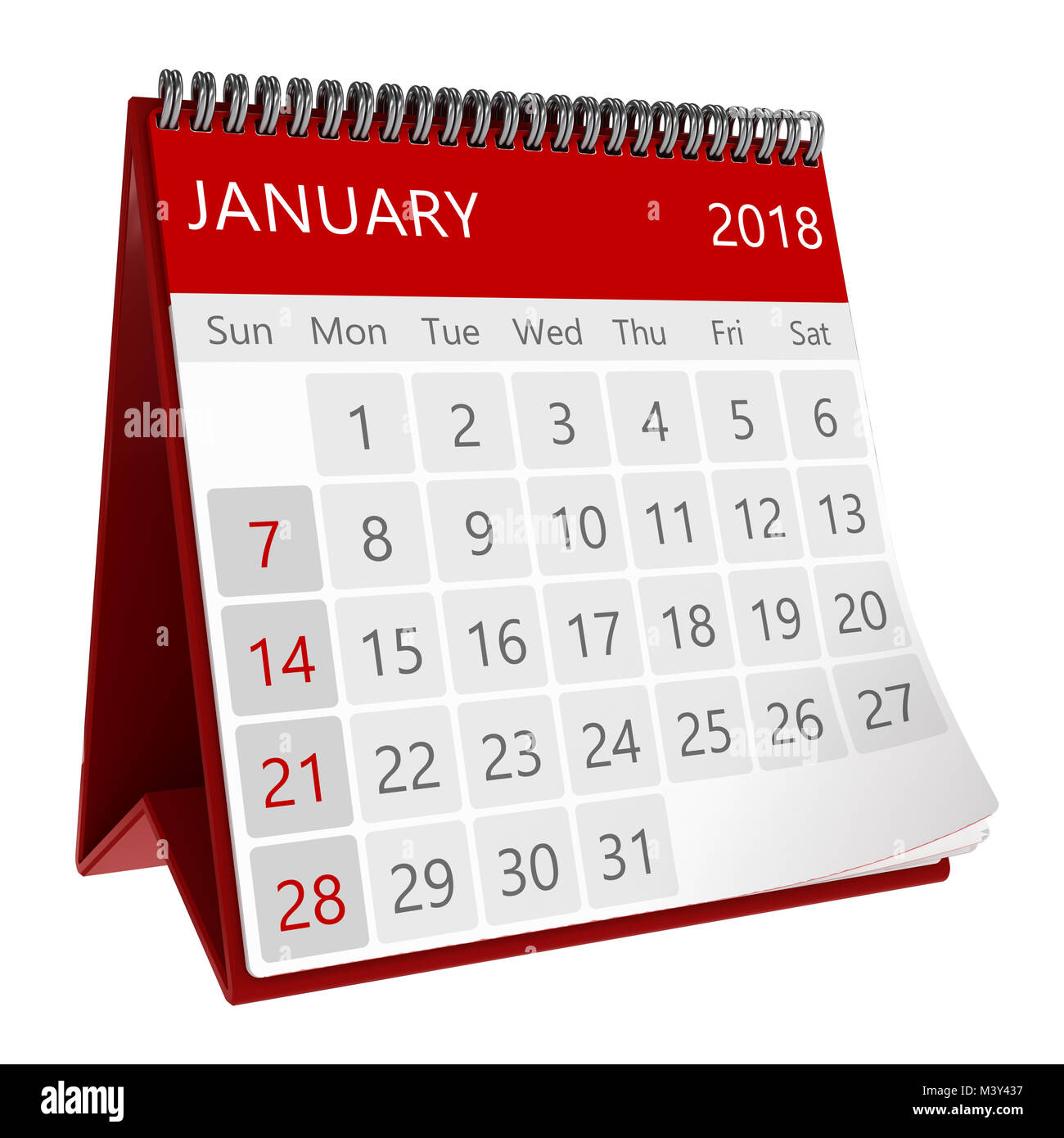 3d illustration of red monthly calendar isolated, page january 2018 ...