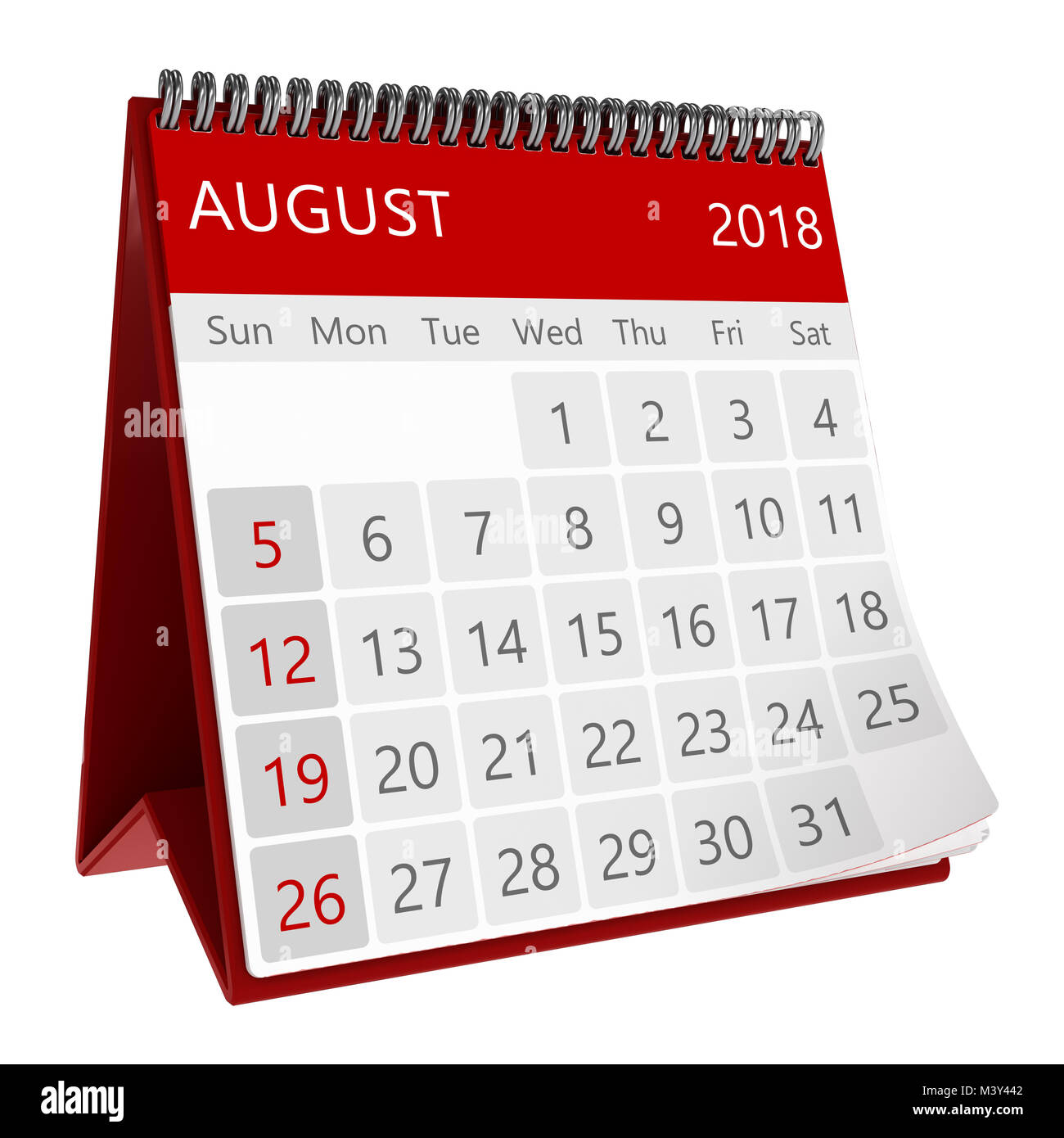 3d illustration of red monthly calendar isolated, page august 2018 ...