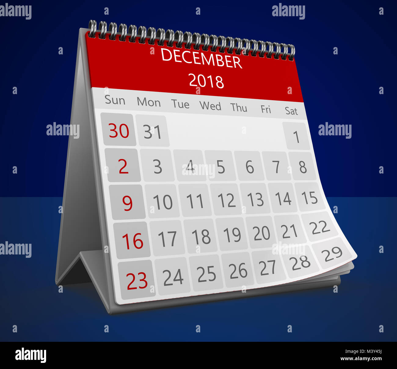 3d illustration of monthly calendar on blue, 2018 december page Stock ...