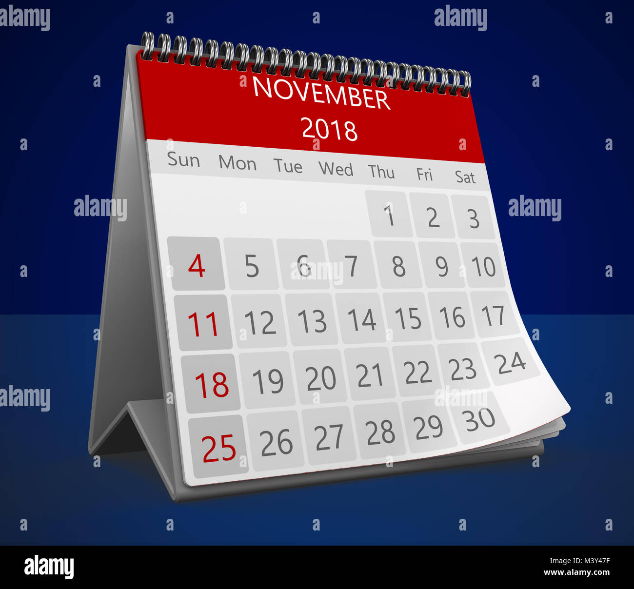 3d illustration of monthly calendar on blue, 2018 november page Stock ...