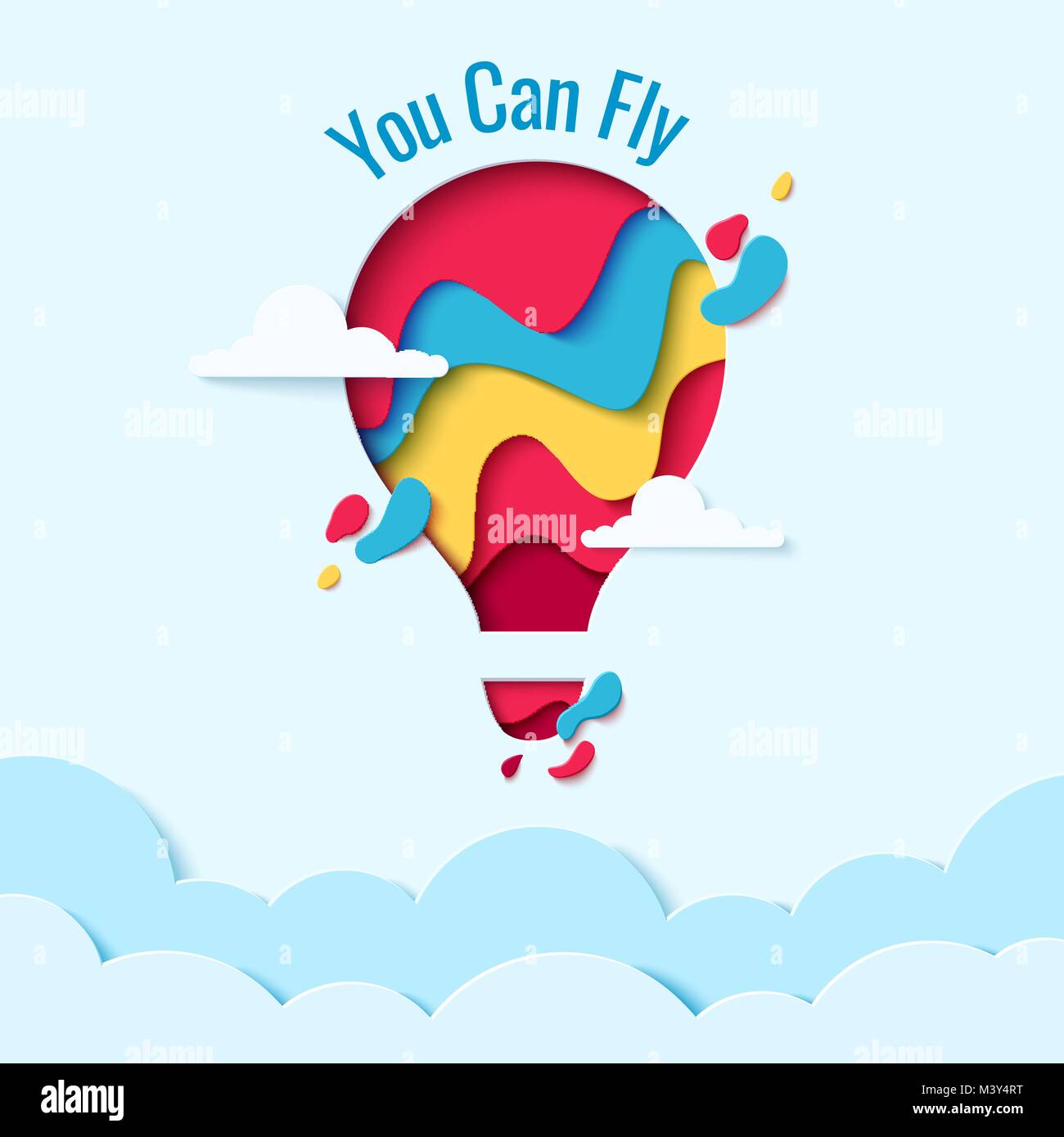 You Can Fly paper art concept background of hot air balloon in sky with ...