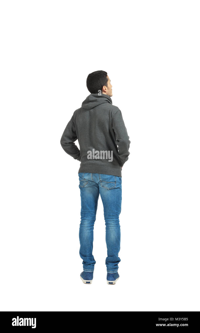 Portrait of the young man isolated on a white background, back view ...