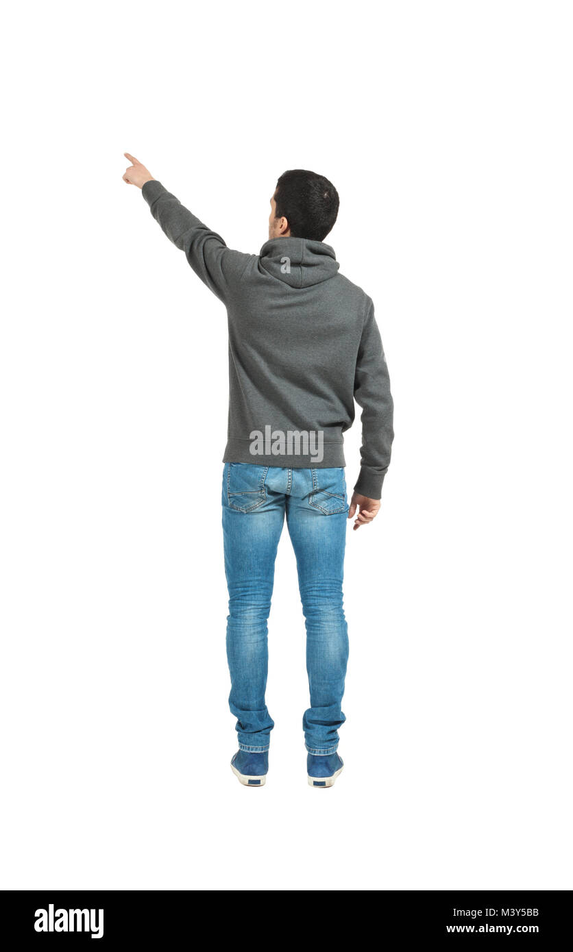 Portrait of the young man isolated on a white background, back view ...
