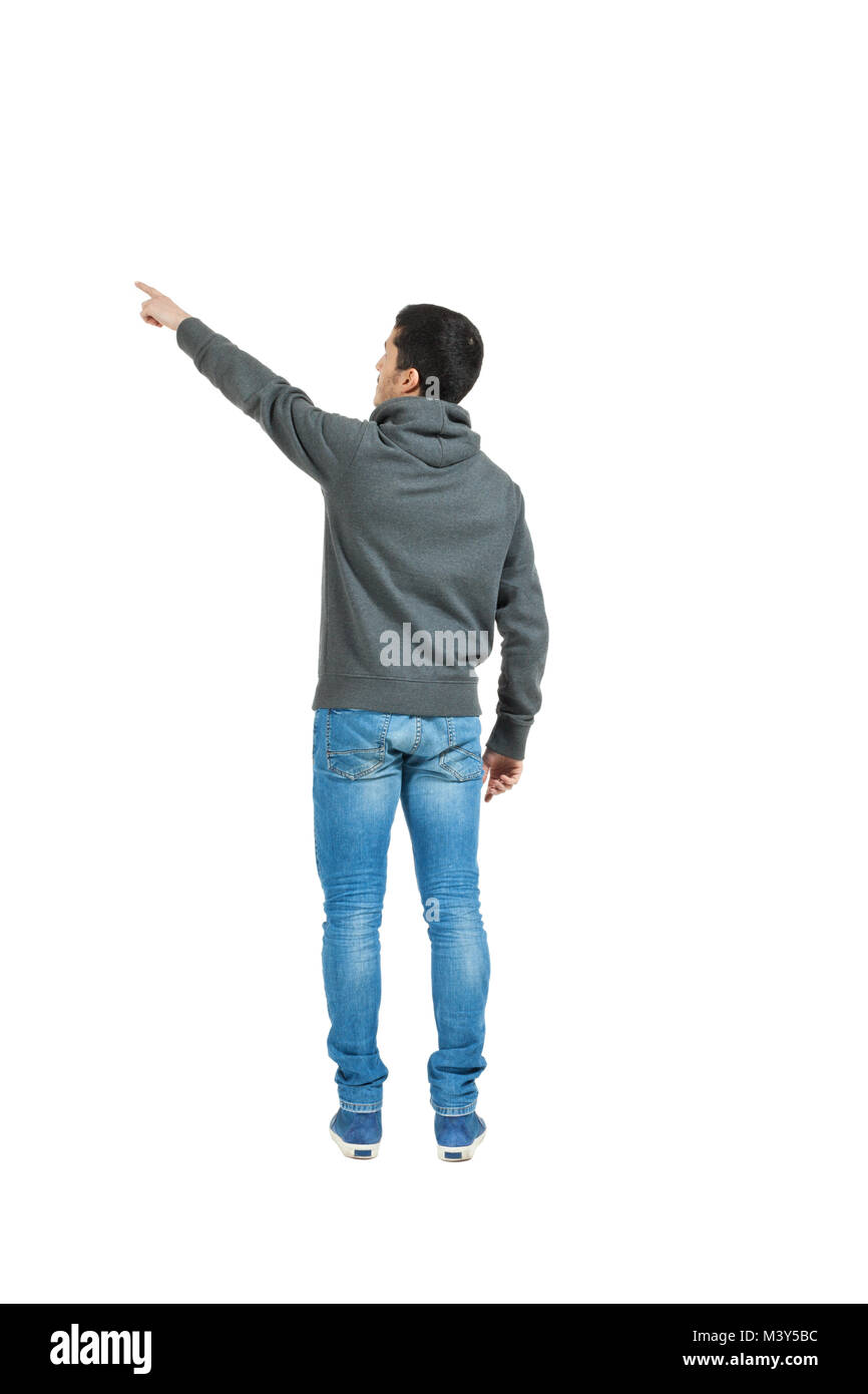 Portrait of the young man isolated on a white background, back view ...