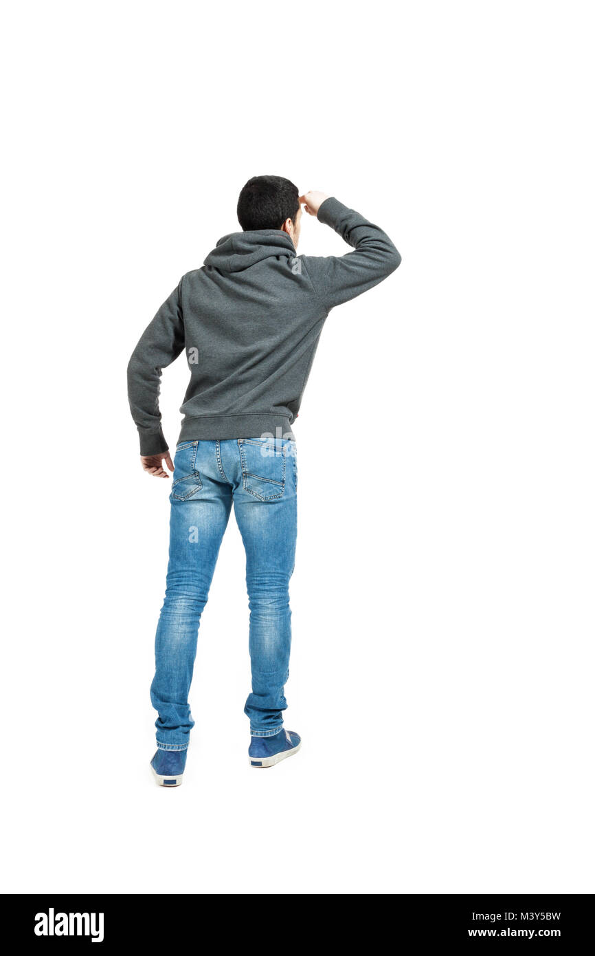 Portrait of the young man isolated on a white background, back view ...