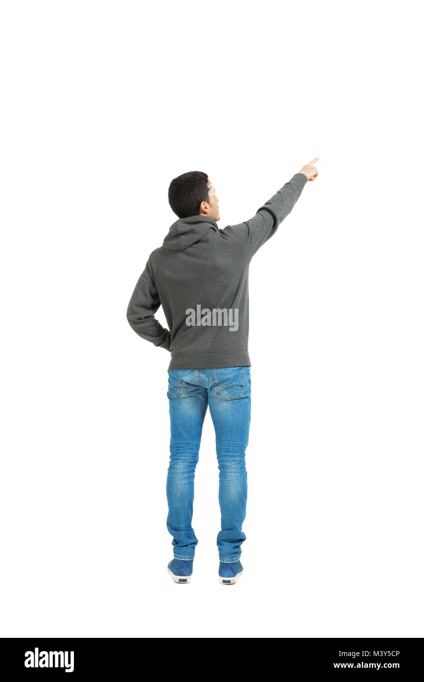 Portrait of the young man isolated on a white background, back view ...