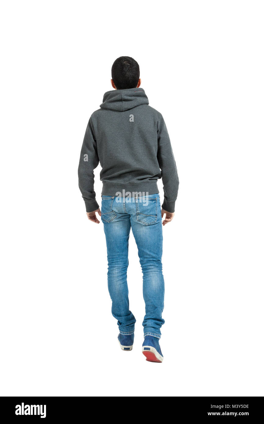 Portrait of the young man isolated on a white background, back view ...