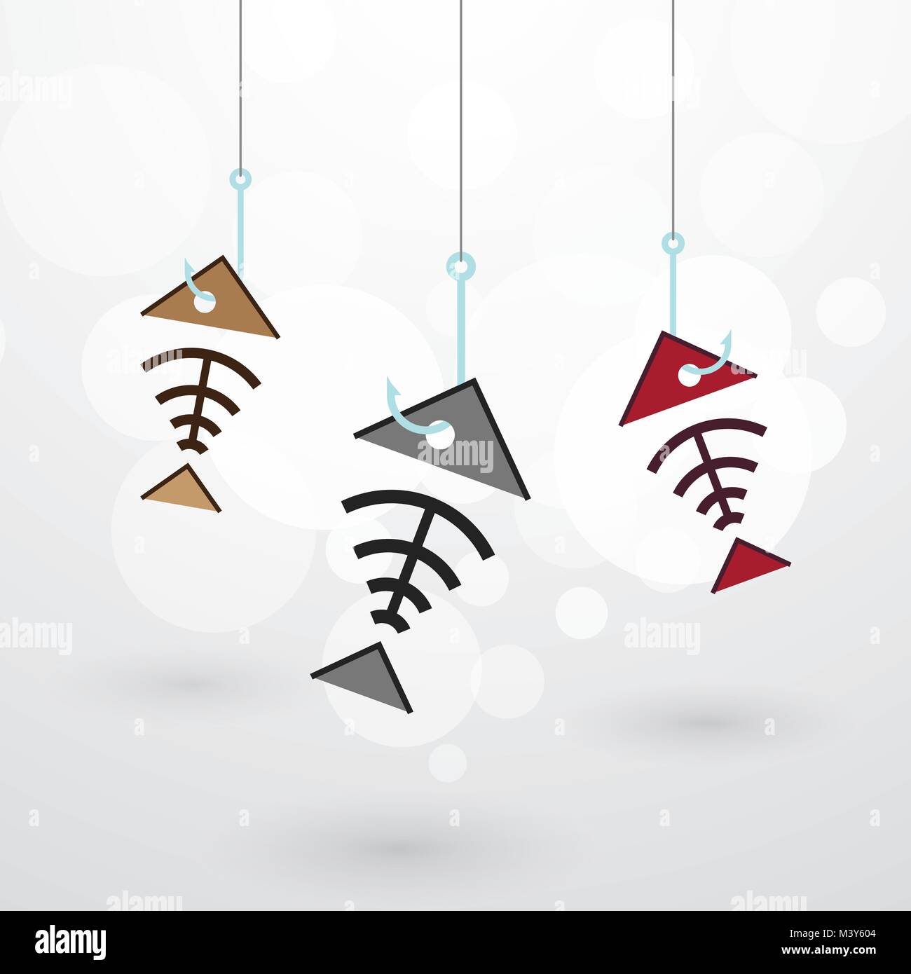 three fish skeleton on the hook with bubbles on the background Stock ...