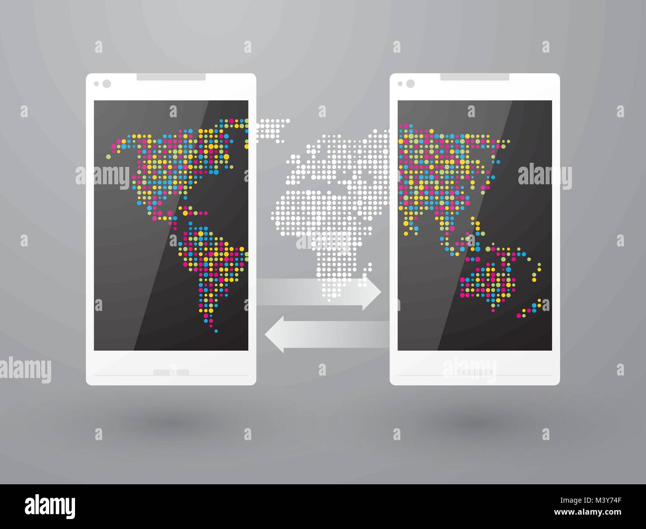 communication using mobile phones with world map background Stock ...